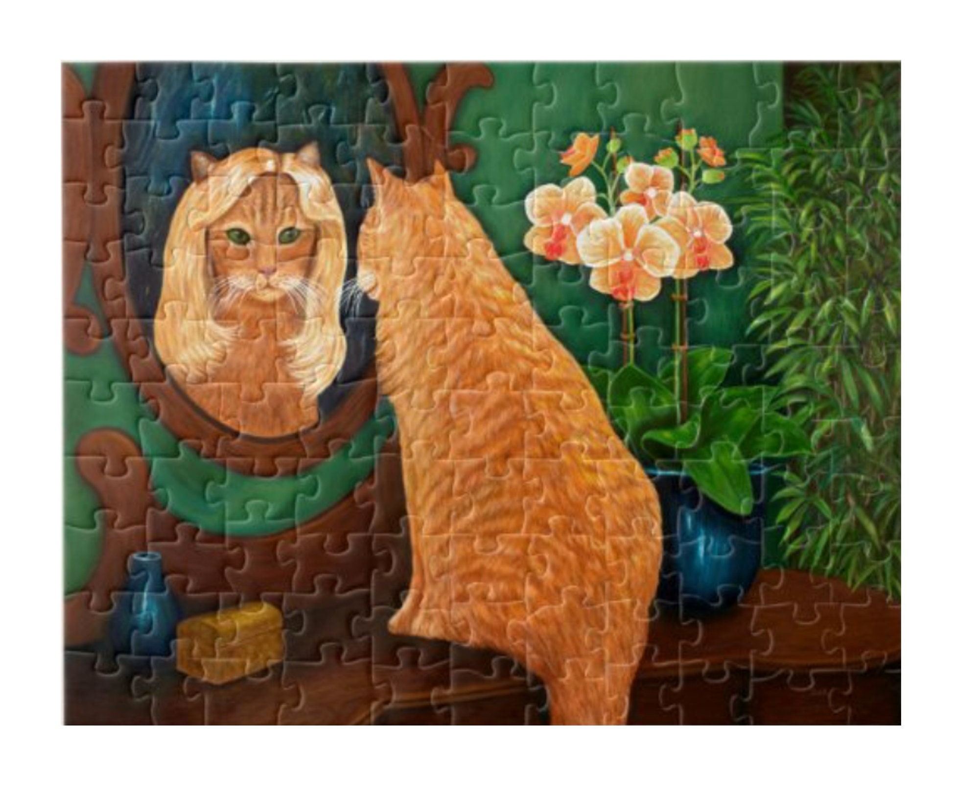 Orange Tabby Cat Looking at Reflection in Mirror Jigsaw Puzzle. Cat ...