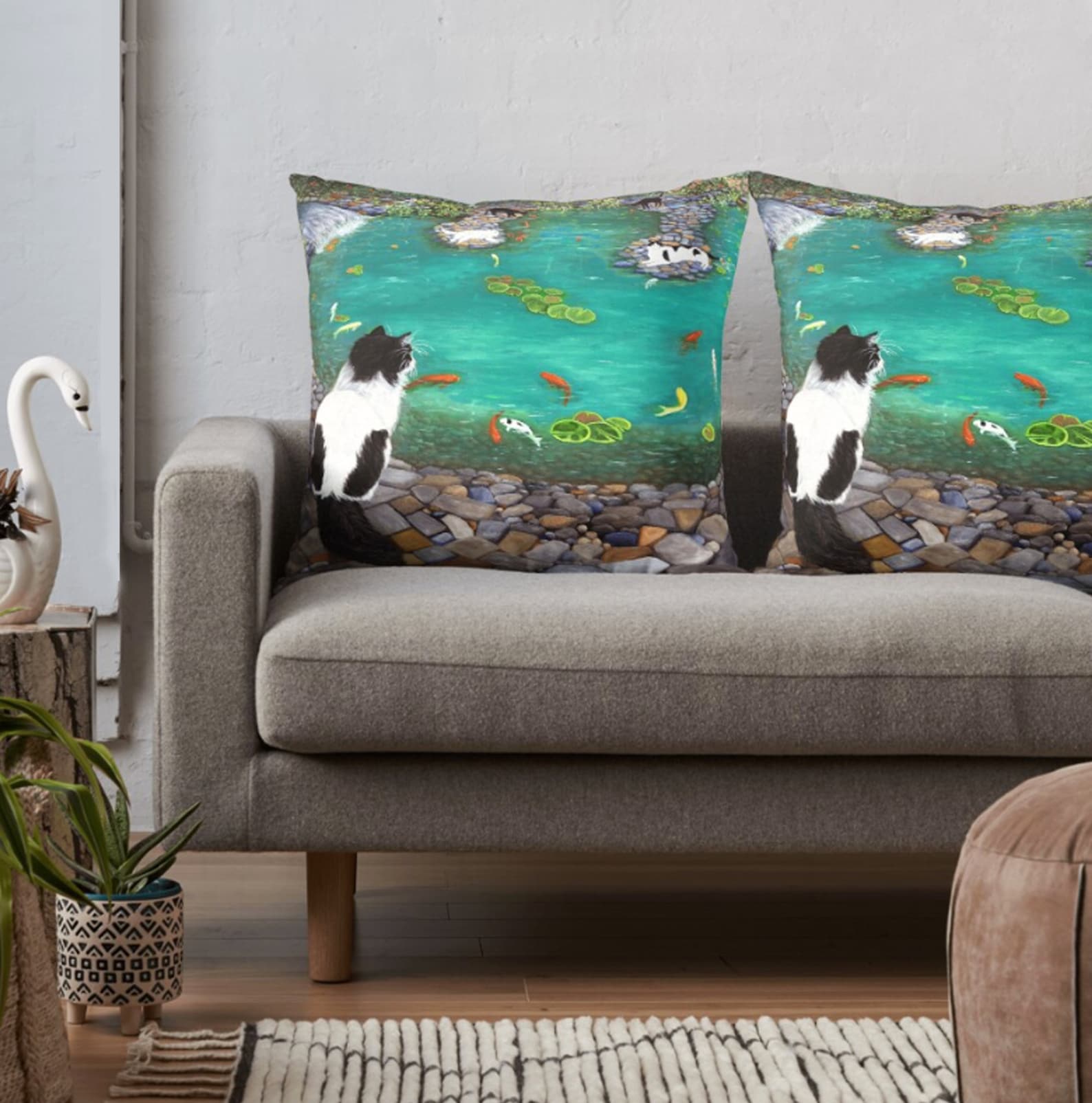 Cat and Koi Fish Designer Pillow Cat Cushion Colorful | Etsy