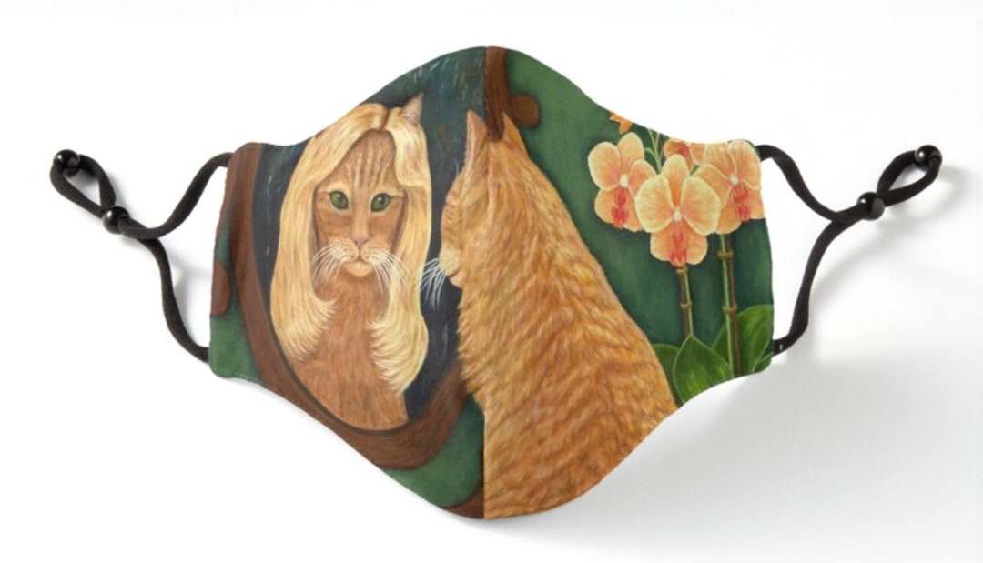 Orange Tabby Cat Looking Into Mirror Face Mask. Whimsical Orange Cat ...