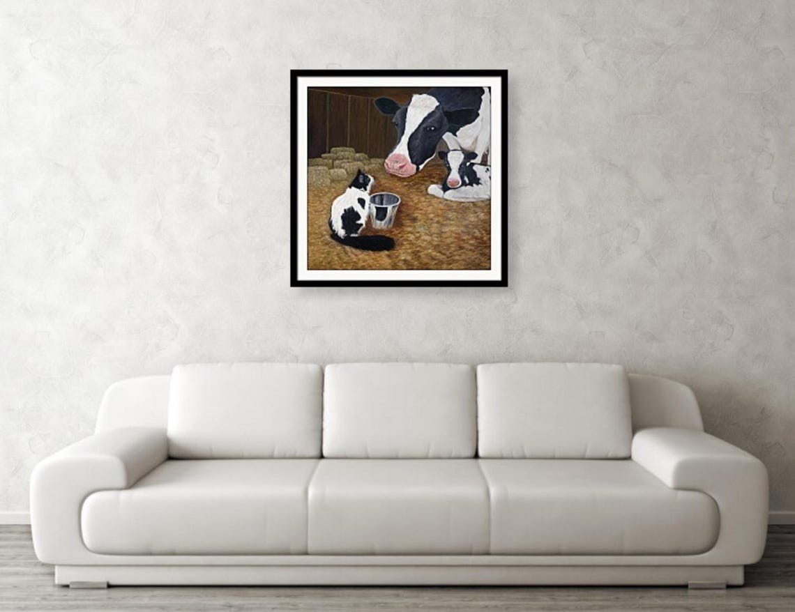 Tuxedo Cat and Cow Art Print: Whimsical Barn Scene - Etsy