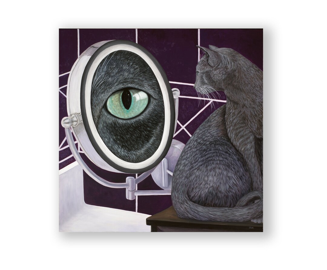 Russian Blue Cat Looks Into a Magnifying Mirror at Huge Turquoise ...