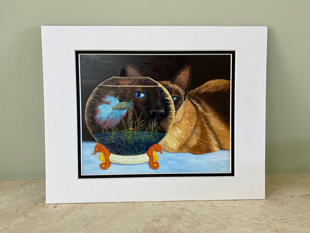Siamese Cat Art Print: Betta Fish Bowl - Signed & Matted - Etsy