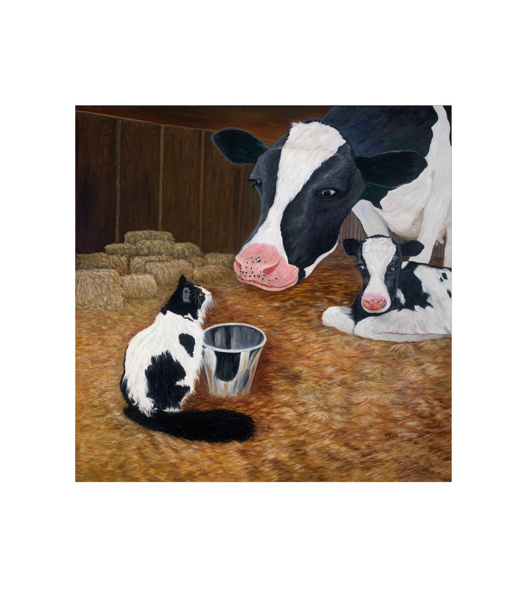 Tuxedo Cat and Cow Art. Cow and Calf Looking at Cat Art Print. Barn ...