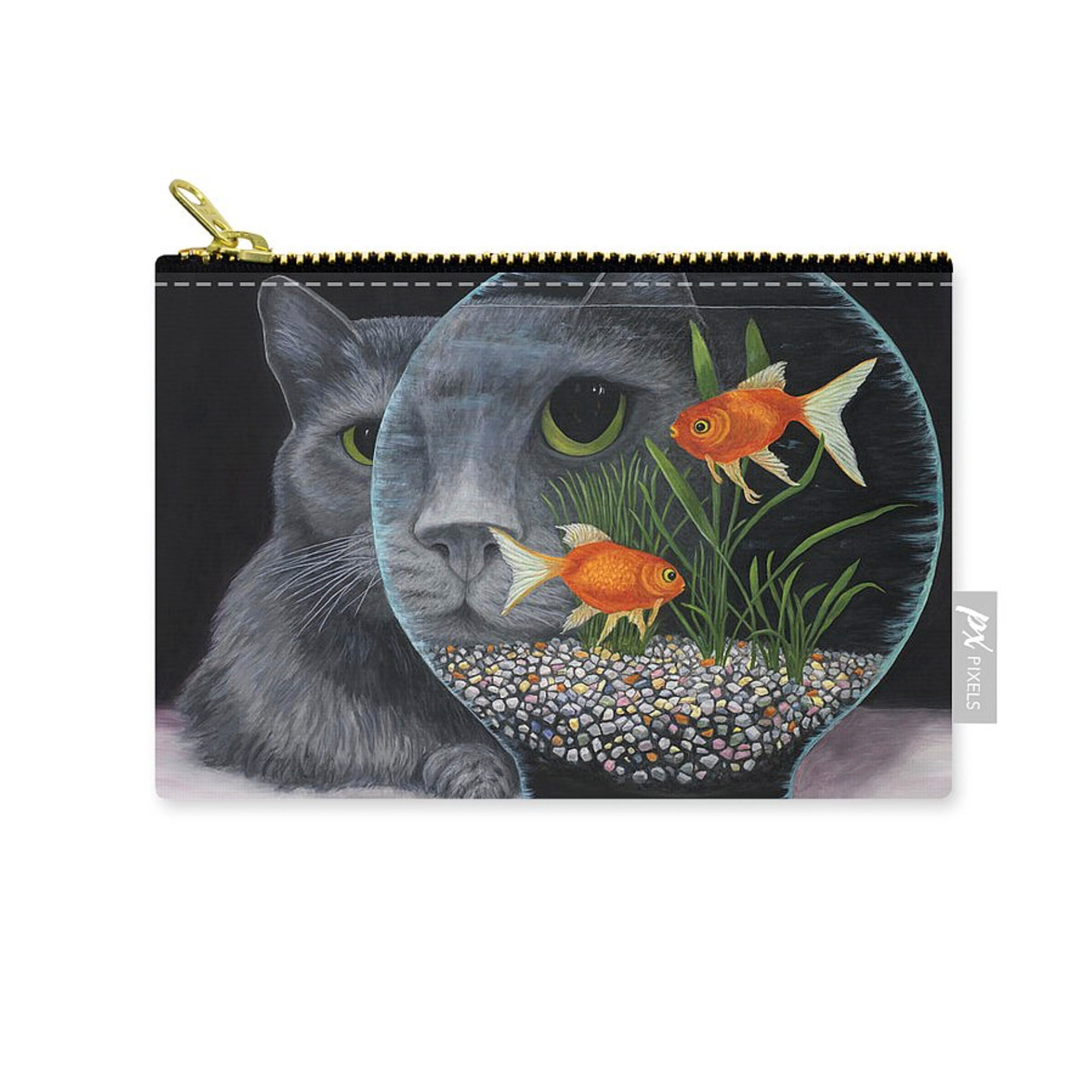 Gray Long Haired Cat Looking Into a Fishbowl Pouch. Round Glass Fish ...
