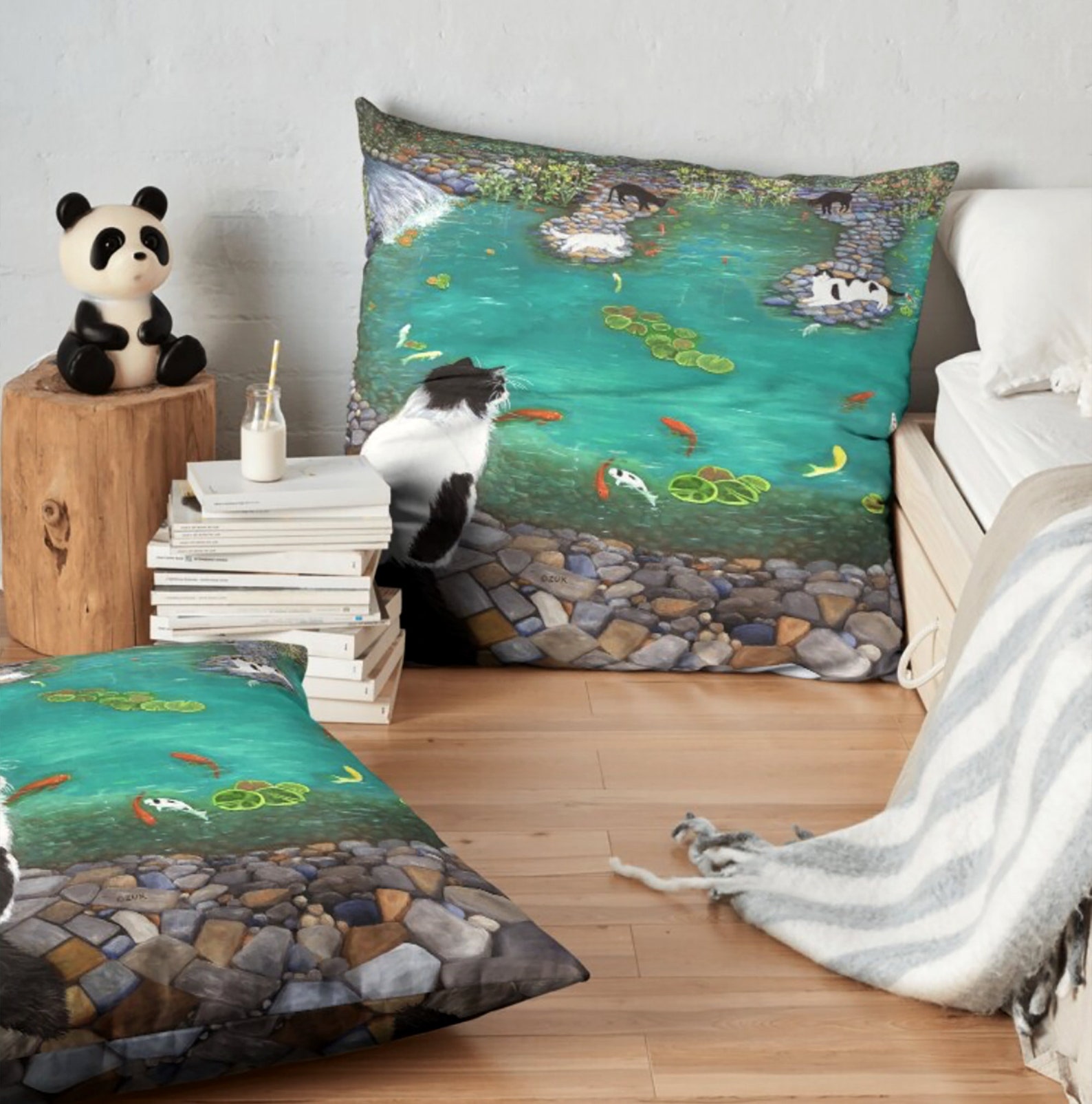 Cat and Koi Fish Designer Pillow Cat Cushion Colorful - Etsy