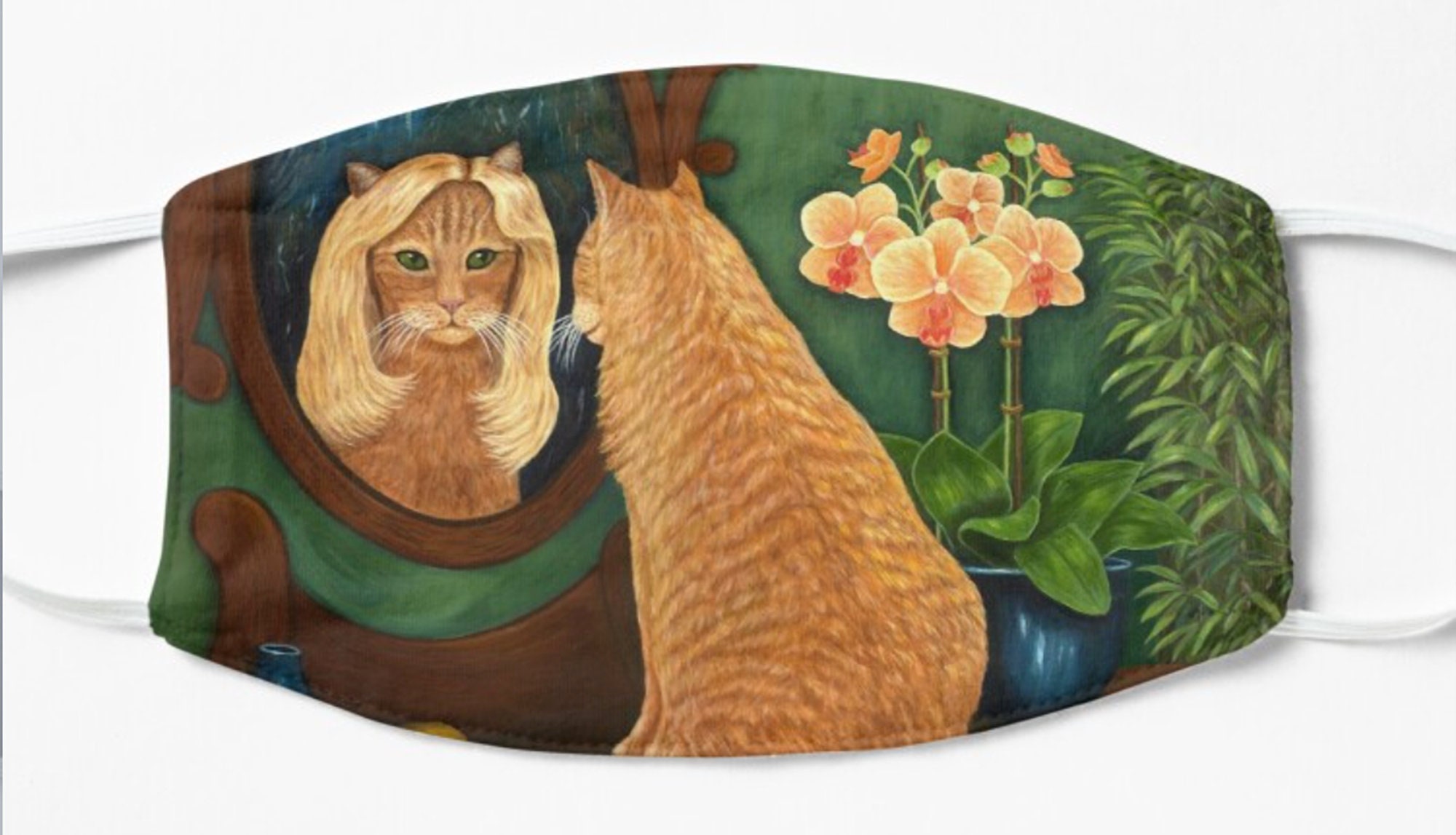 Orange Tabby Cat Looking Into Mirror Face Mask. Whimsical Orange Cat ...