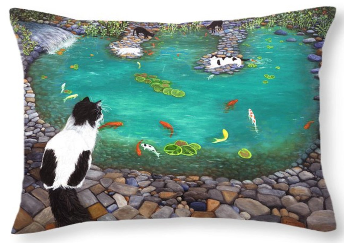 Cat and Koi Fish Designer Pillow Cat Cushion Colorful | Etsy