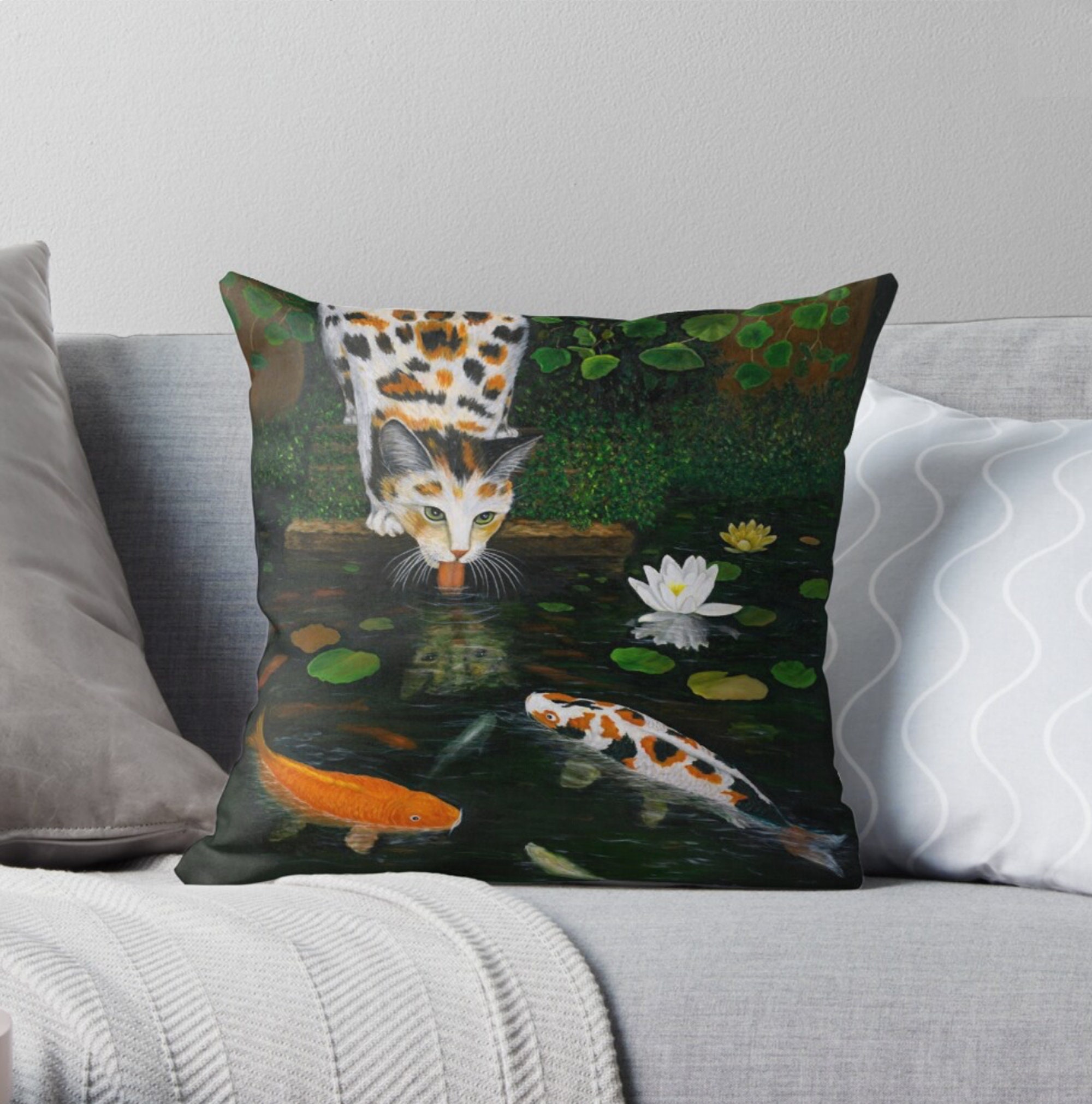 Calico Cat and Koi Fish Designer Pillow, Cat Cushion, Colorful Pillow ...