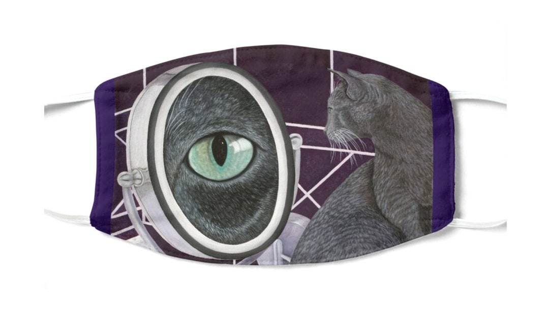 Russian Blue Cat Looking in Magnifying Mirror Face Mask Whimsical Cat ...