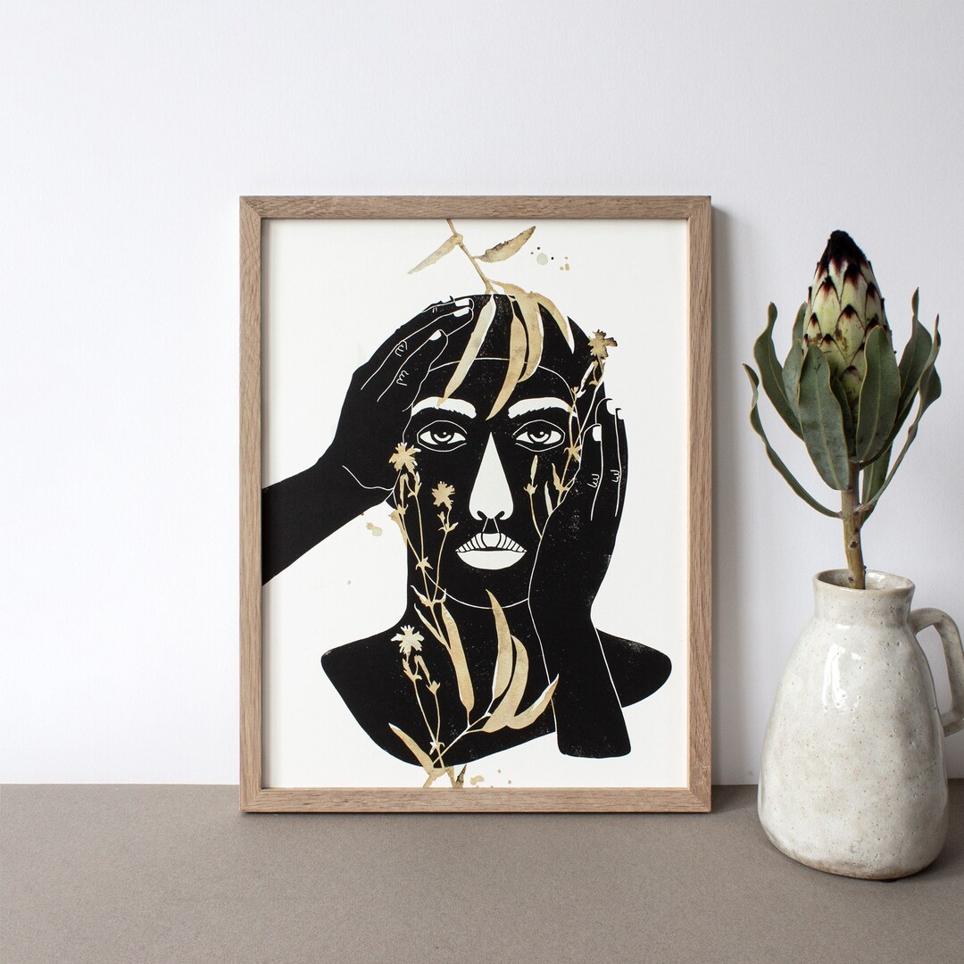 Linoprint | A3 | Abstract Art | Face | Flowers | Homemade | Hand ...