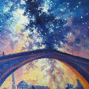 Mostar Bridge Round Painting, Bridge Over the Stars Acrylic Painting ...