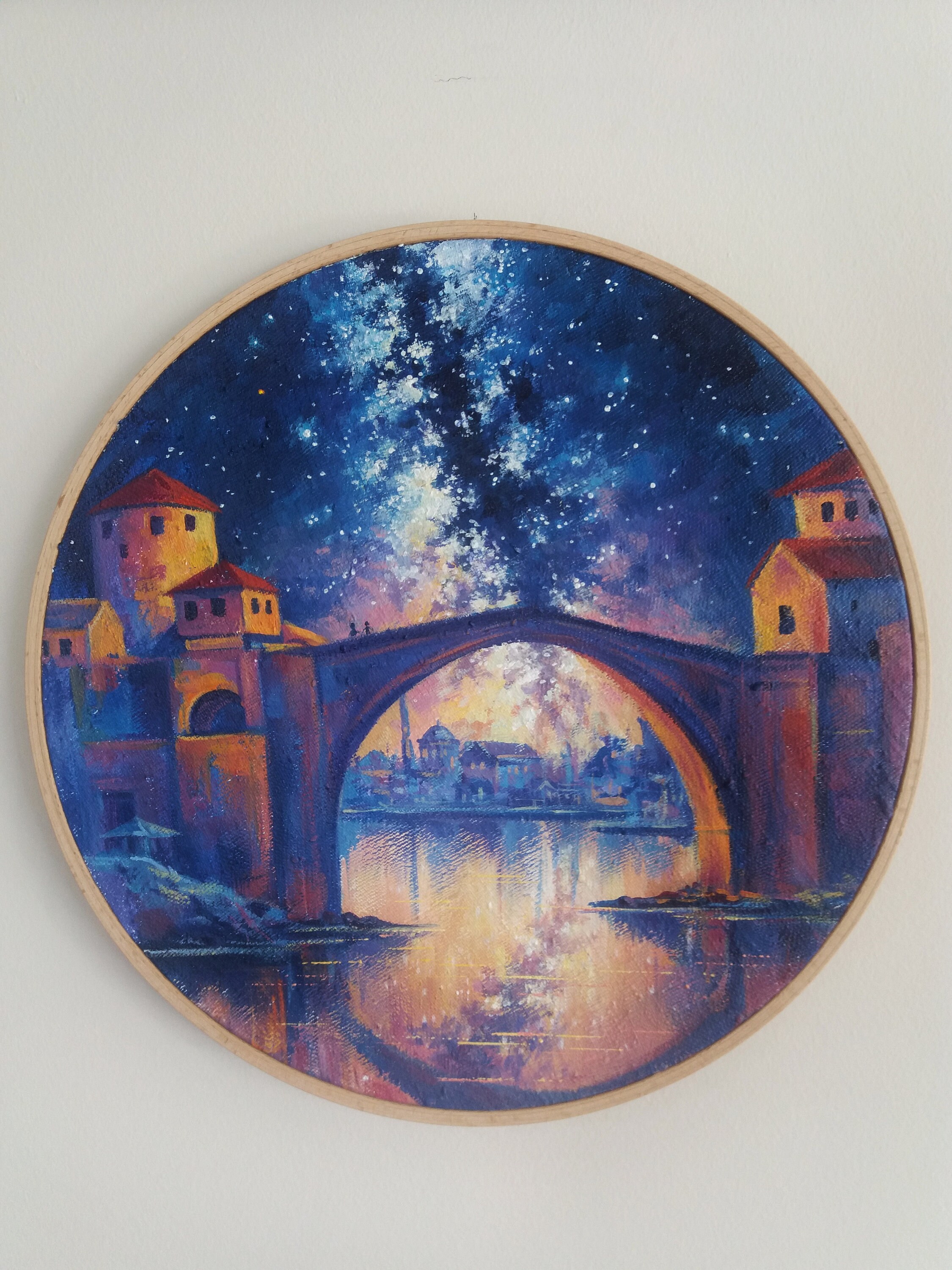Mostar Bridge Round Painting, Bridge Over the Stars Acrylic Painting ...