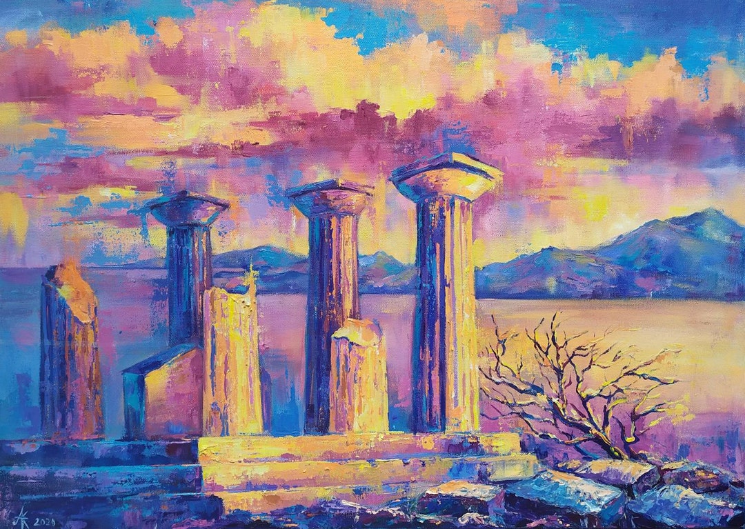 Greek Temple Painting, Sunset, Athena Temple in Evening Light, Original ...