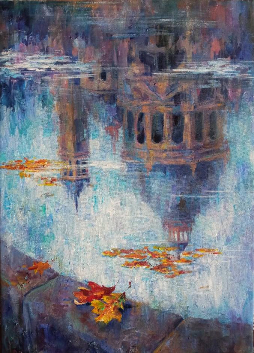 Reflection Painting, Impressionist Style Autumn Cityscape, Upside Down ...