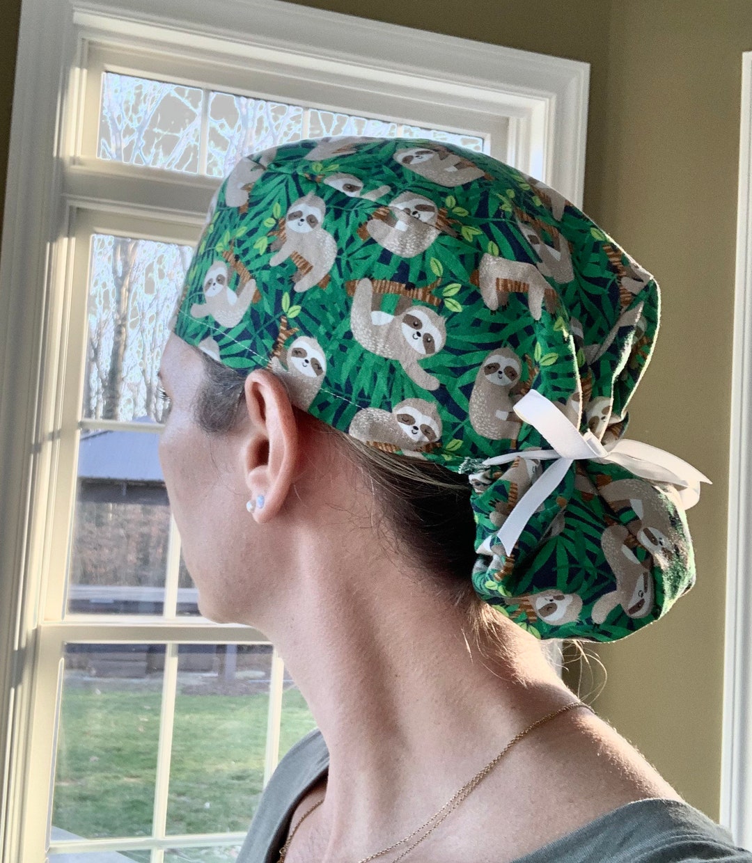 Green SLOTH Sloths Jungle Pony Tail Ponytail Scrub Surgical Hat Cap OR ...