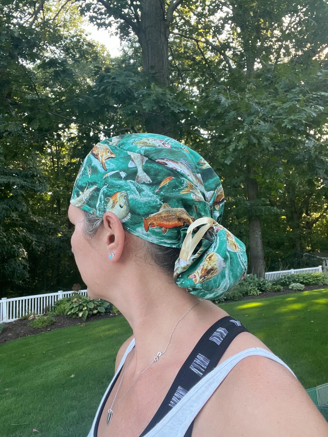 FISHING Green Trout Salmon Fish Pony Tail Ponytail Scrub Hat Cap OR ...