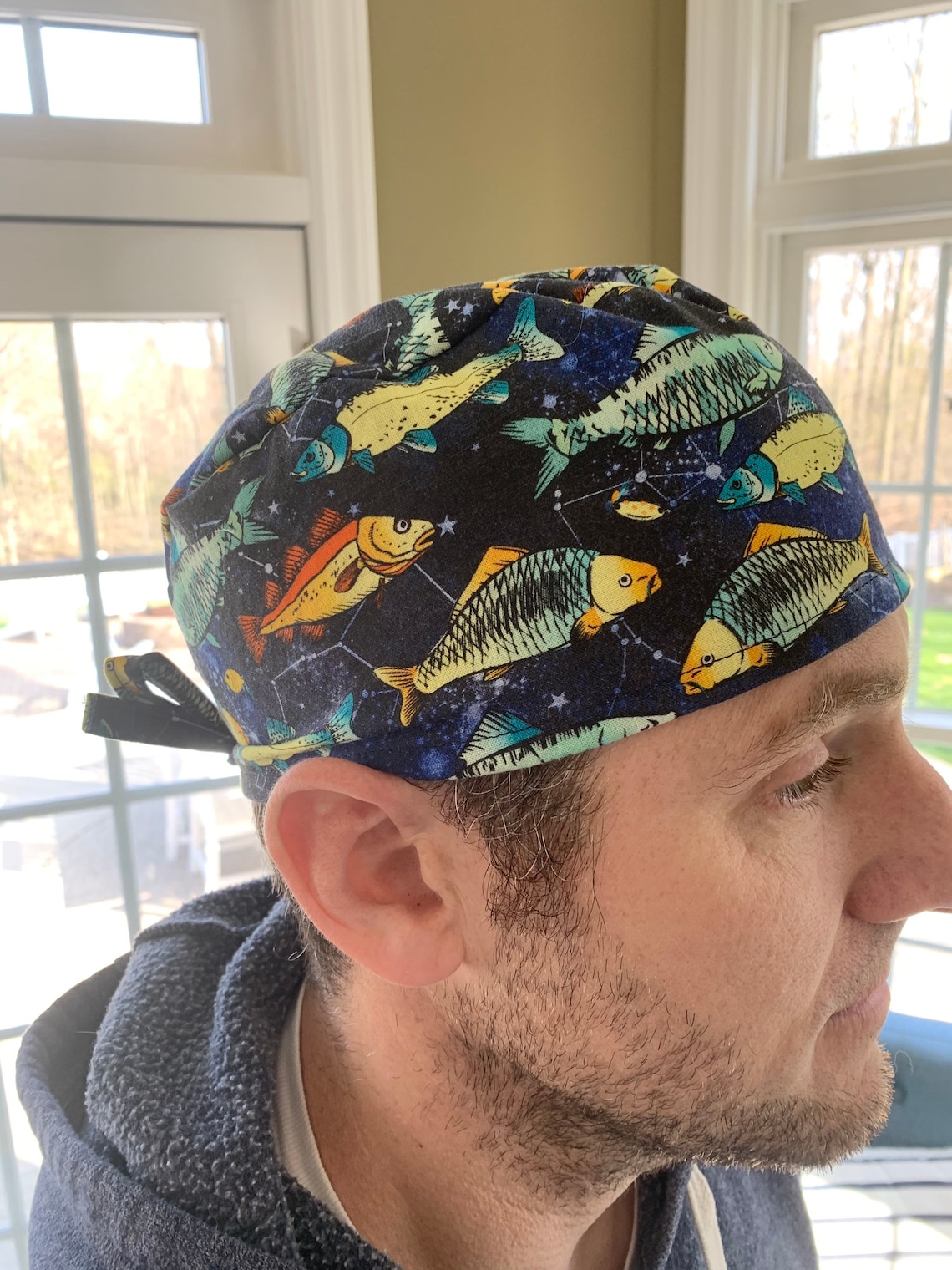 Mens Fishing trout salmon fish navy blue scrub hat surgery | Etsy