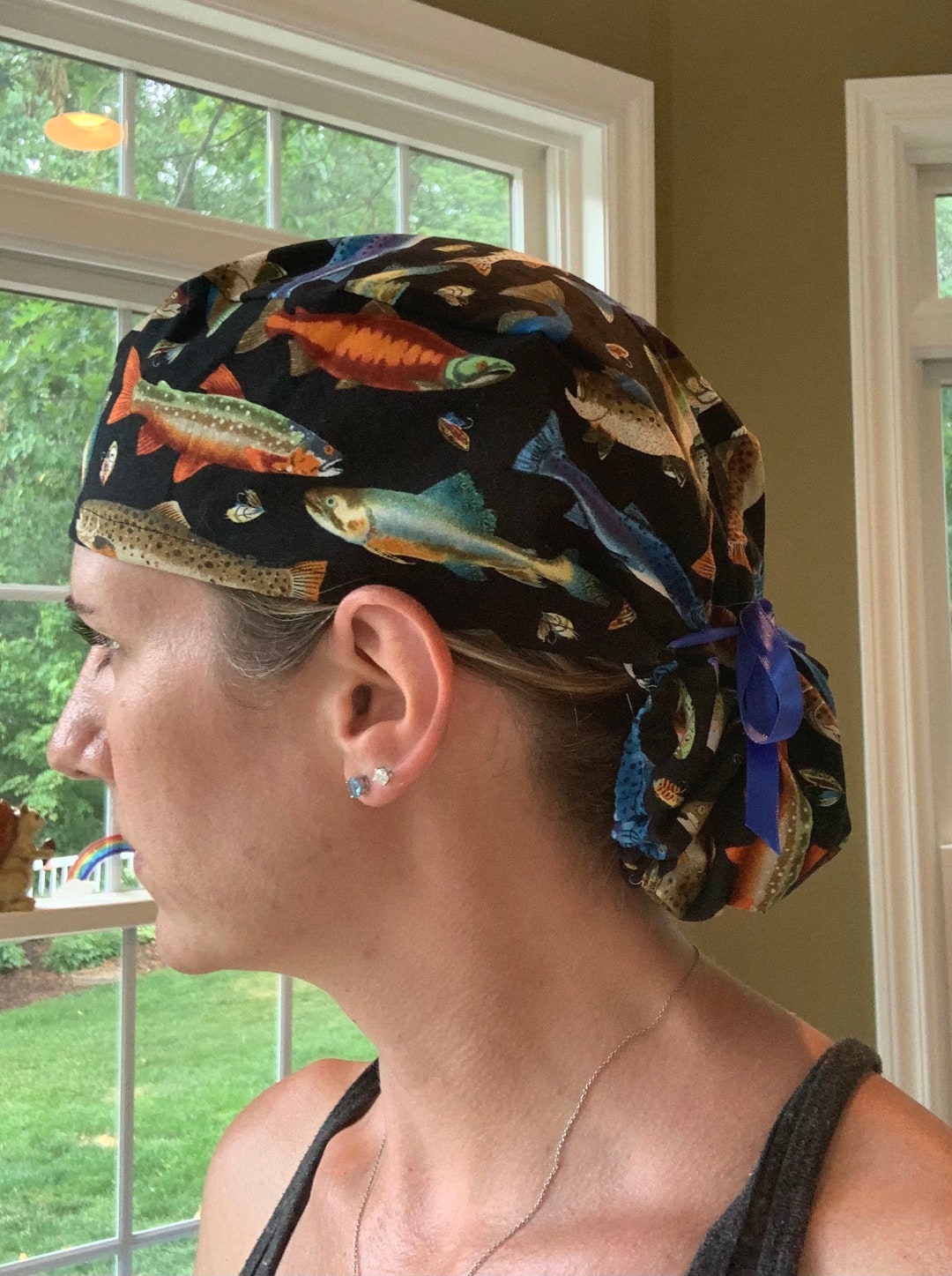 FISHING Fish Trout Salmon Pony Tail Ponytail Scrub Hat Cap OR Washable ...