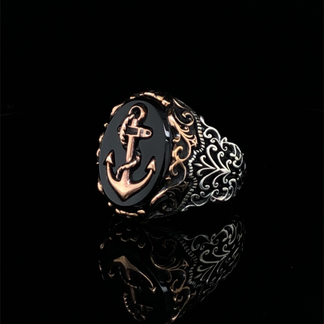 Men's Sailor Onyx Ring, Black Gemstone Engraved Navy Marine Band ...