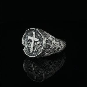 Sterling Silver Cross Ring, Religious Jewelry, Signet Cross and Skull ...
