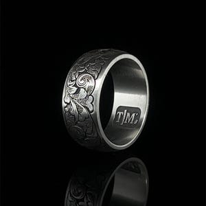 Unique Floral Motif Sterling Silver Wedding Ring, 10mm Width, Hand ...