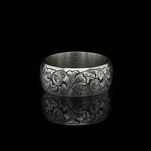 Unique Floral Motif Sterling Silver Wedding Ring, 10mm Width, Hand ...