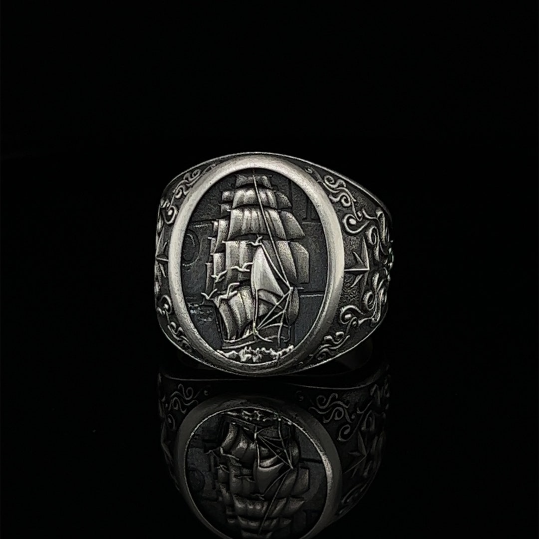Silver Sailboat Mens Ring, Viking Pirate Ship Ring, 925k Wind Rose ...
