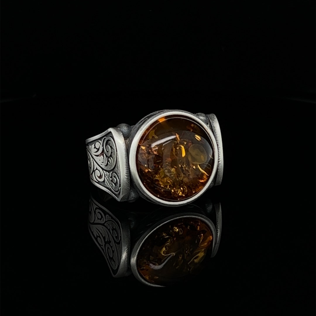 Amber Gemstone Ring, Silver Ring for Men, Baltic Amber Ring, Amber ...