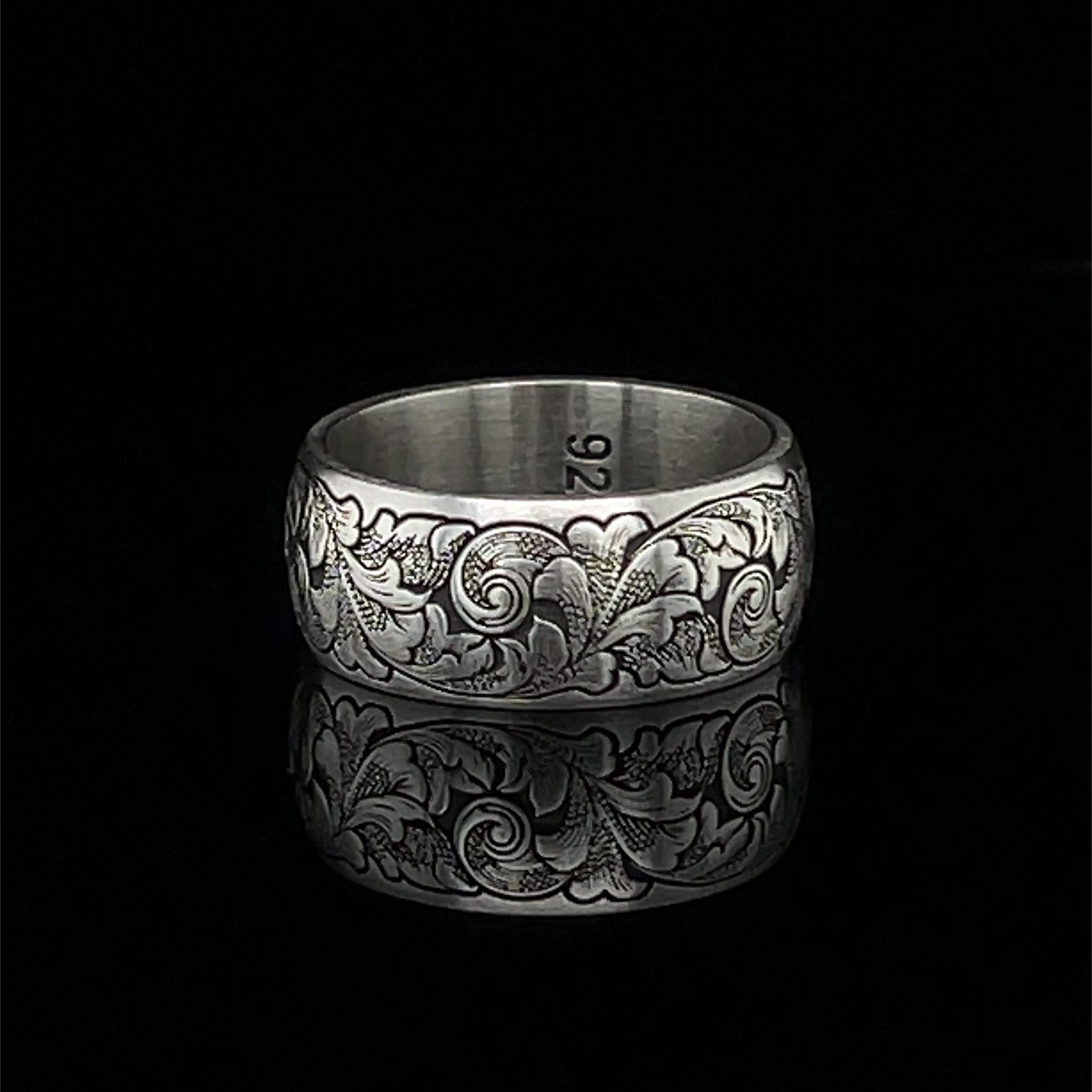 Unique Floral Motif Sterling Silver Wedding Ring, 10mm Width, Hand ...