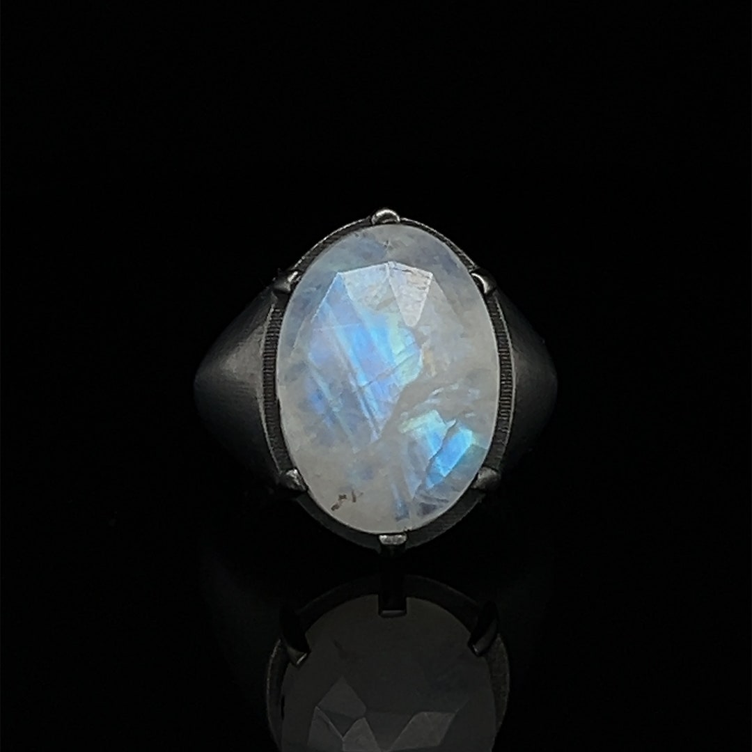 Moonstone Oxidized Sterling Silver Ring, Gothic Design, Faceted ...