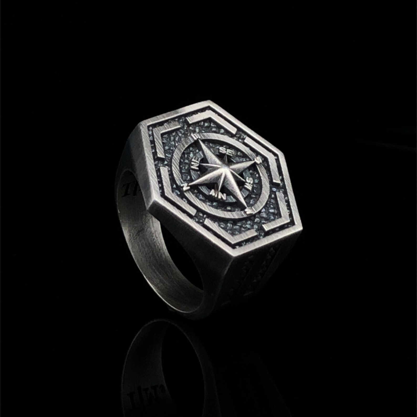 Black North Star Signet Ring Nautical Sterling Silver Ring - Etsy