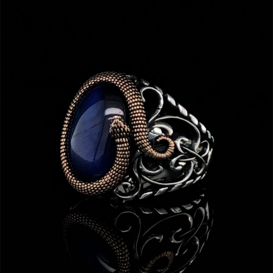 Vintage Snake Men's Ring, Gemstone Blue Tiger's Eye Signet Ring ...