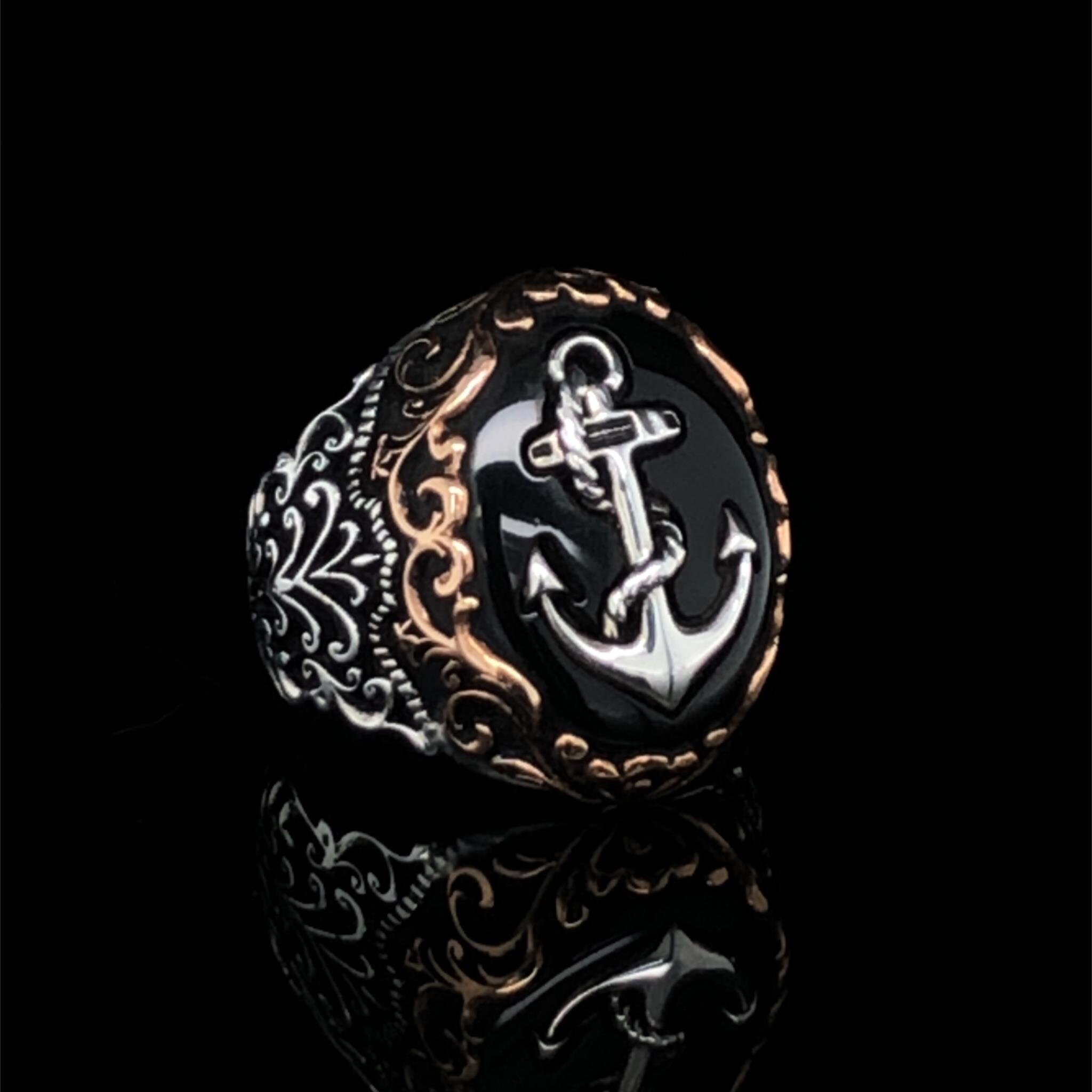 Men's Sailor Onyx Ring Black Gemstone Engraved Navy | Etsy