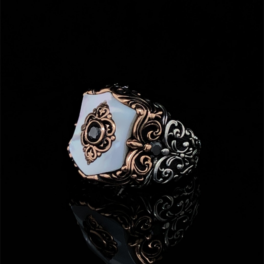 Carved Men’s Ring, Elegant Edwardian Shield Design With Mother of Pearl - Etsy