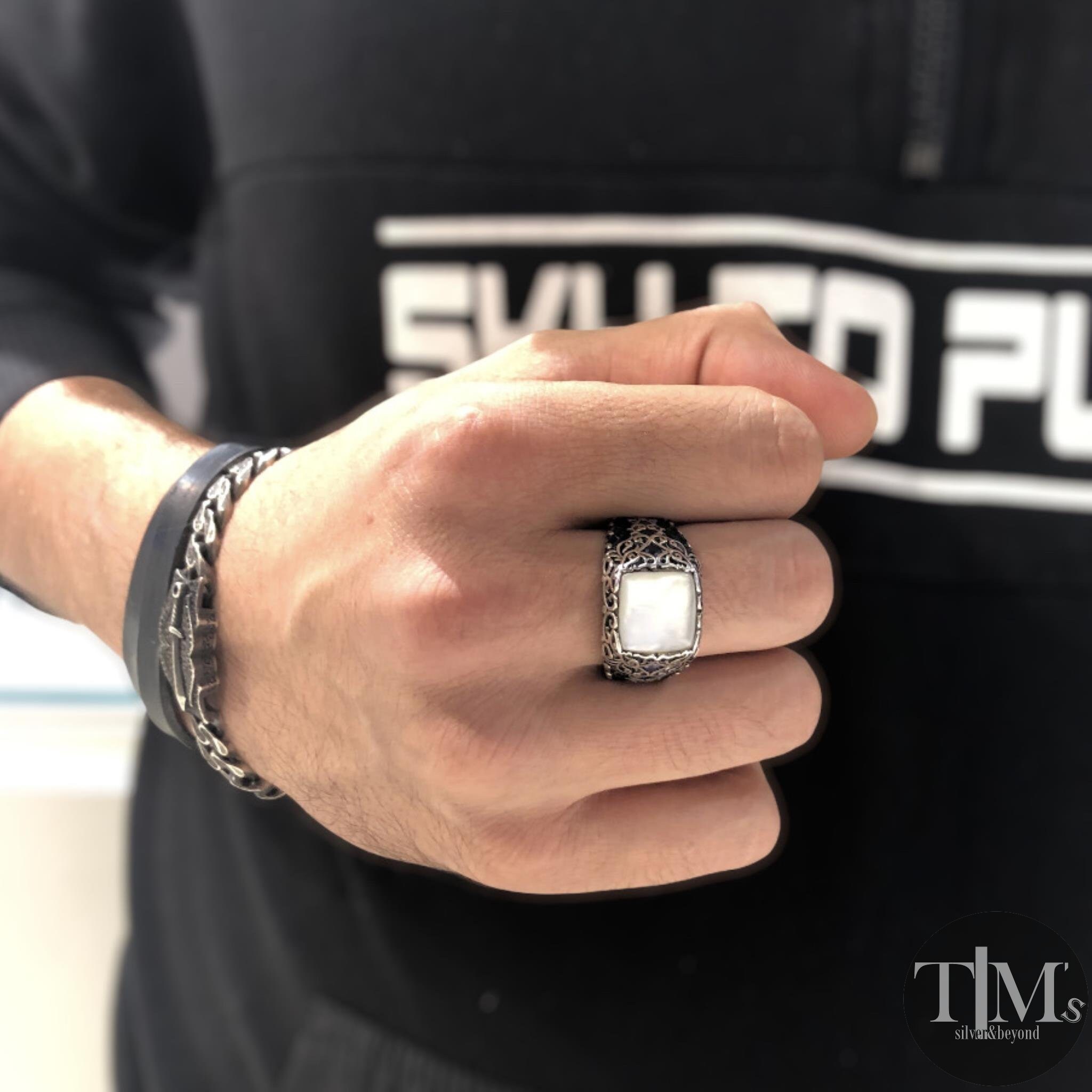 Men's Pearl Natural Stone Ring Wedding Band For Men | Etsy