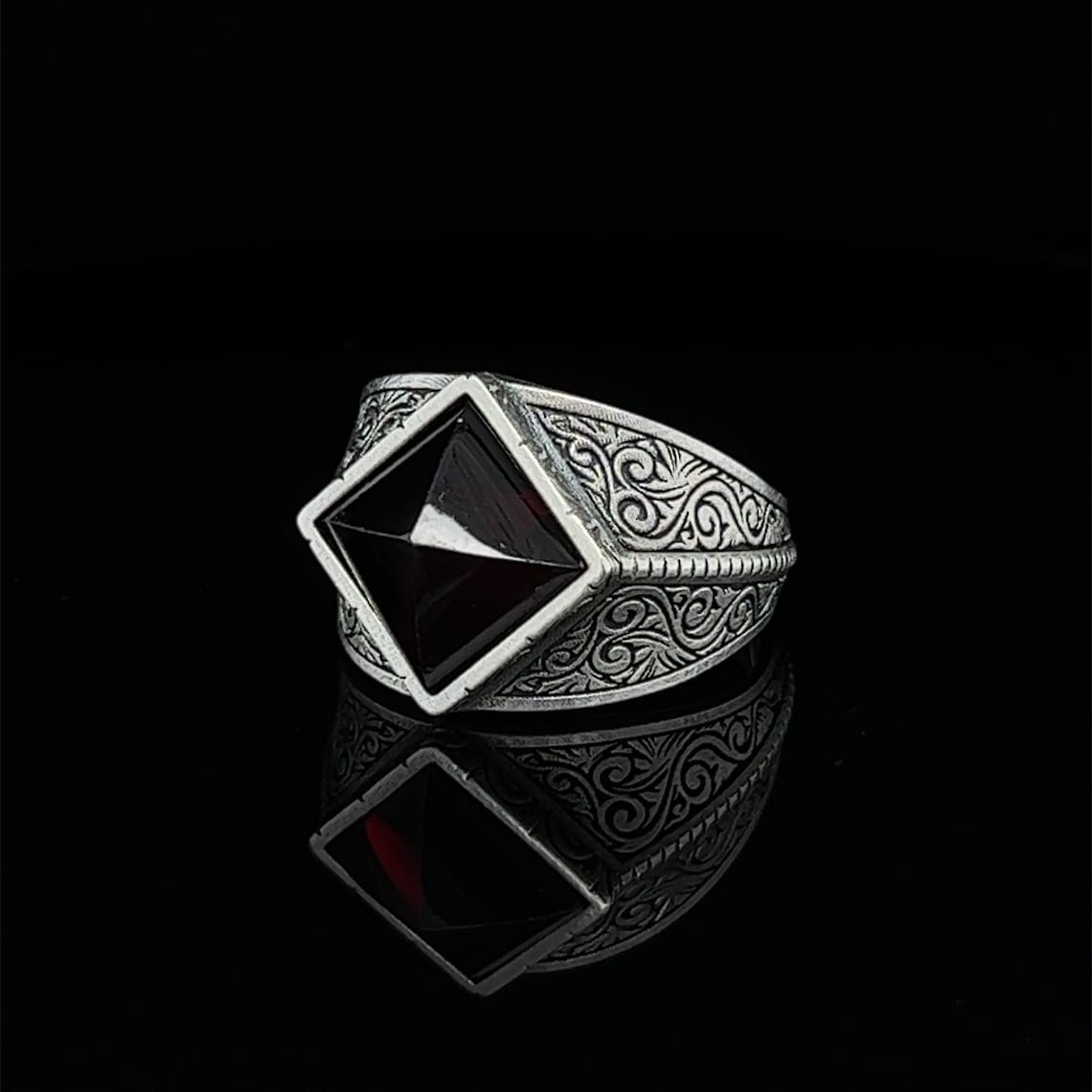 Vintage Men's Sterling Silver Ring With Garnet Solitaire Gem, Handmade ...