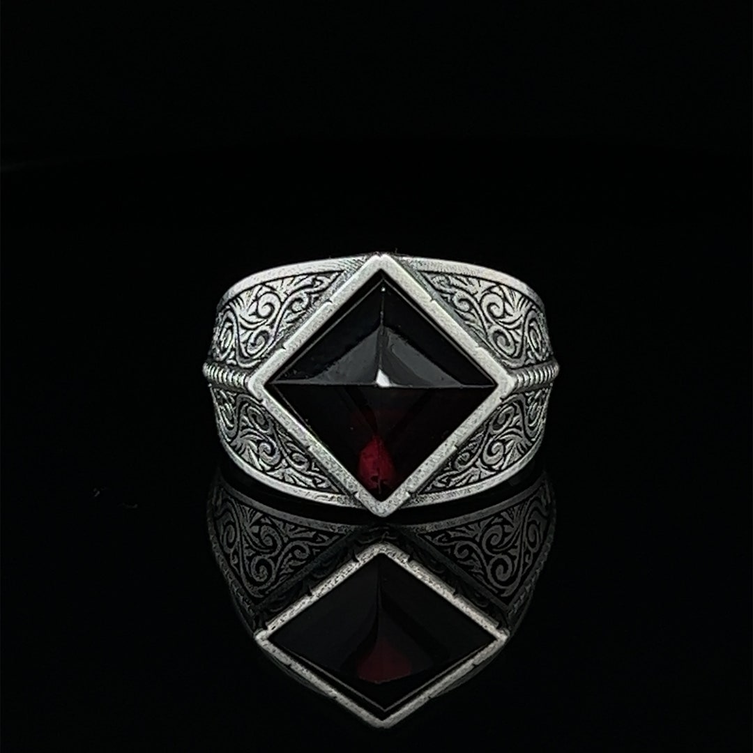 Vintage Men's Sterling Silver Ring With Garnet Solitaire Gem, Handmade ...