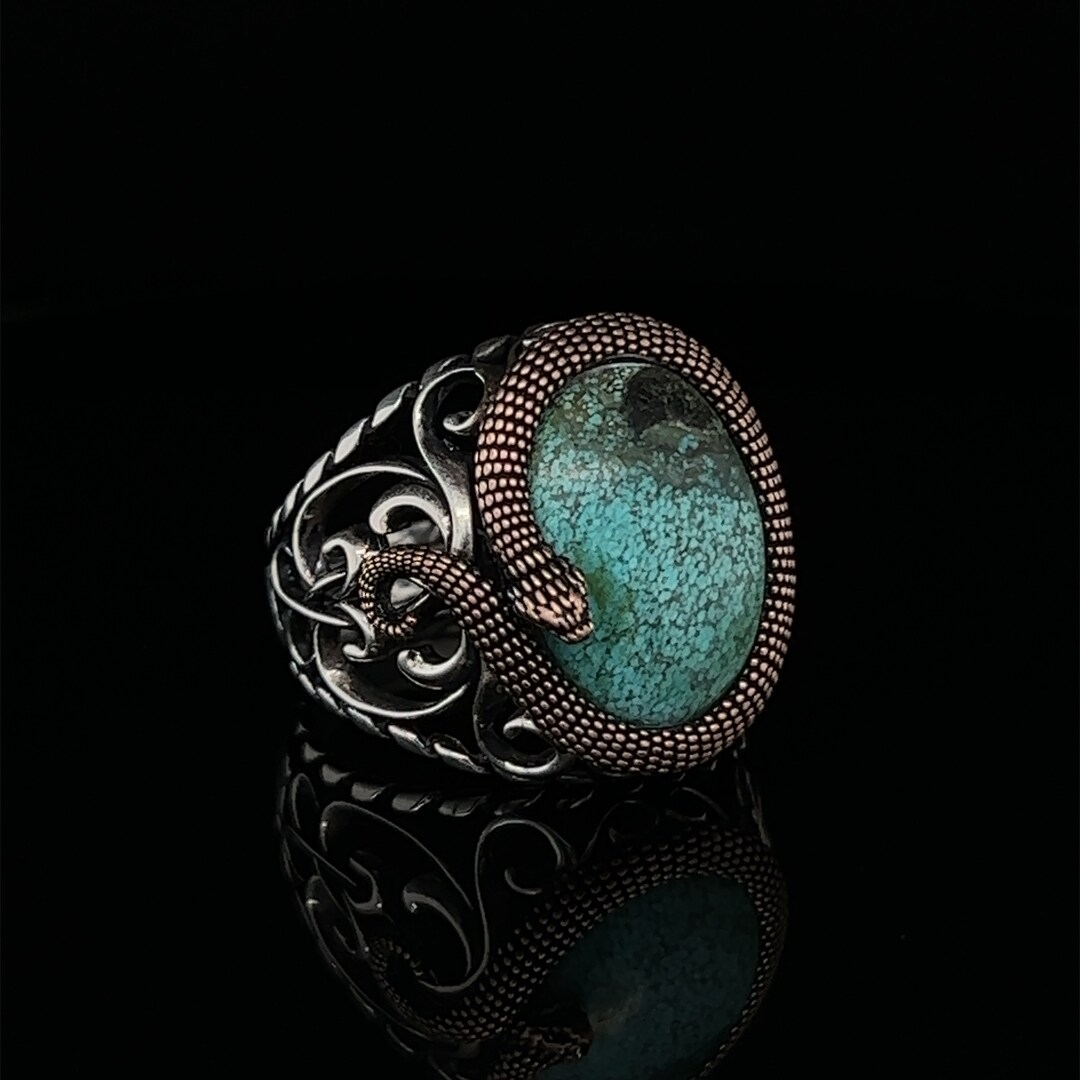 Snake Turquoise Stone Men's Ring, Unique Serpent Goth Ring, Oxidized ...