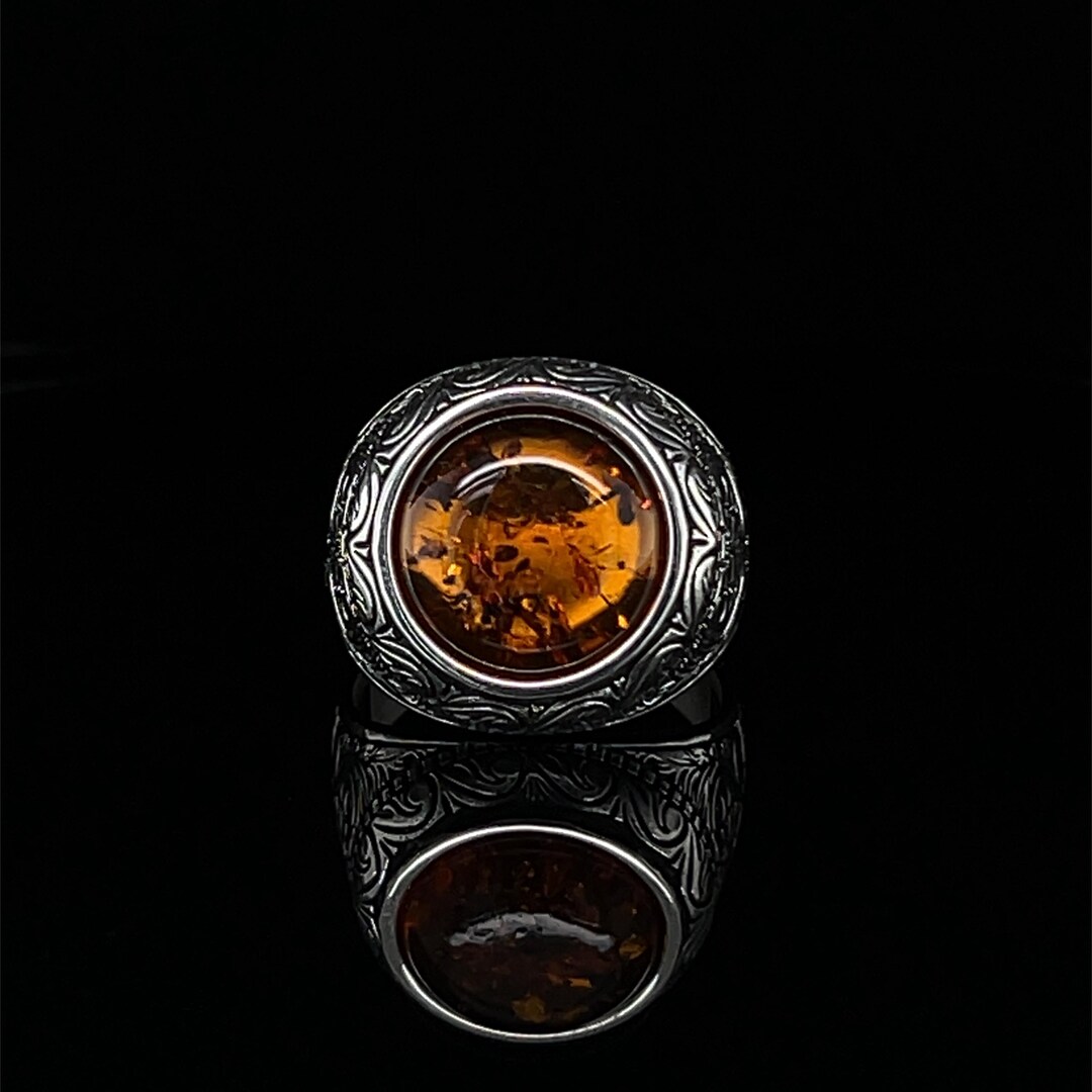 Amber Gemstone Sterling Silver Ring, Engraved Pattern Gift for Lover - Etsy