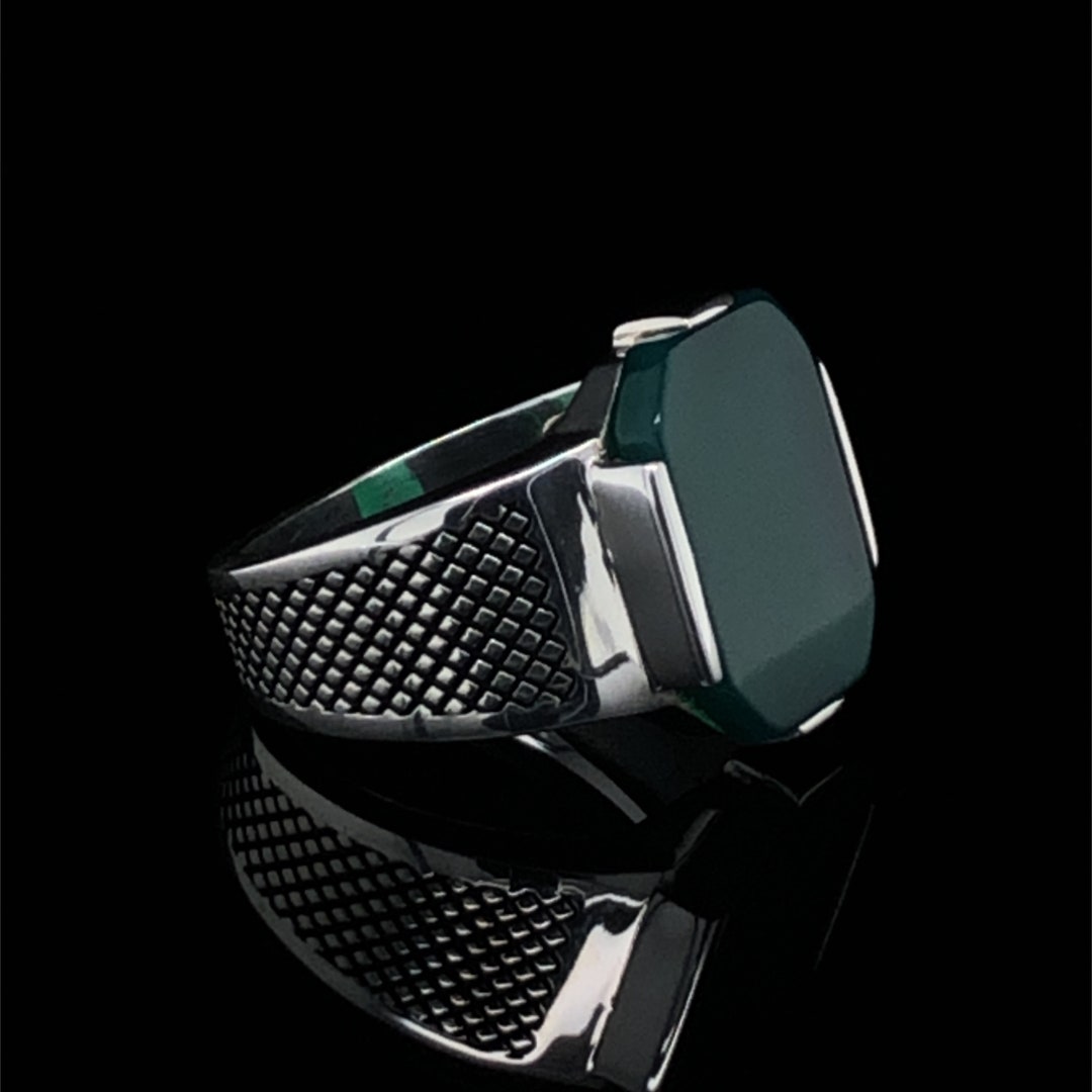 Green Agate Silver Ring, Men's Statement Ring, Natural Aqeeq Stone ...