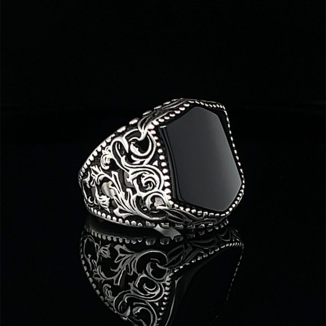 Black Onyx Filigree Signet Ring for Men, Artisan Sterling Silver Design ...
