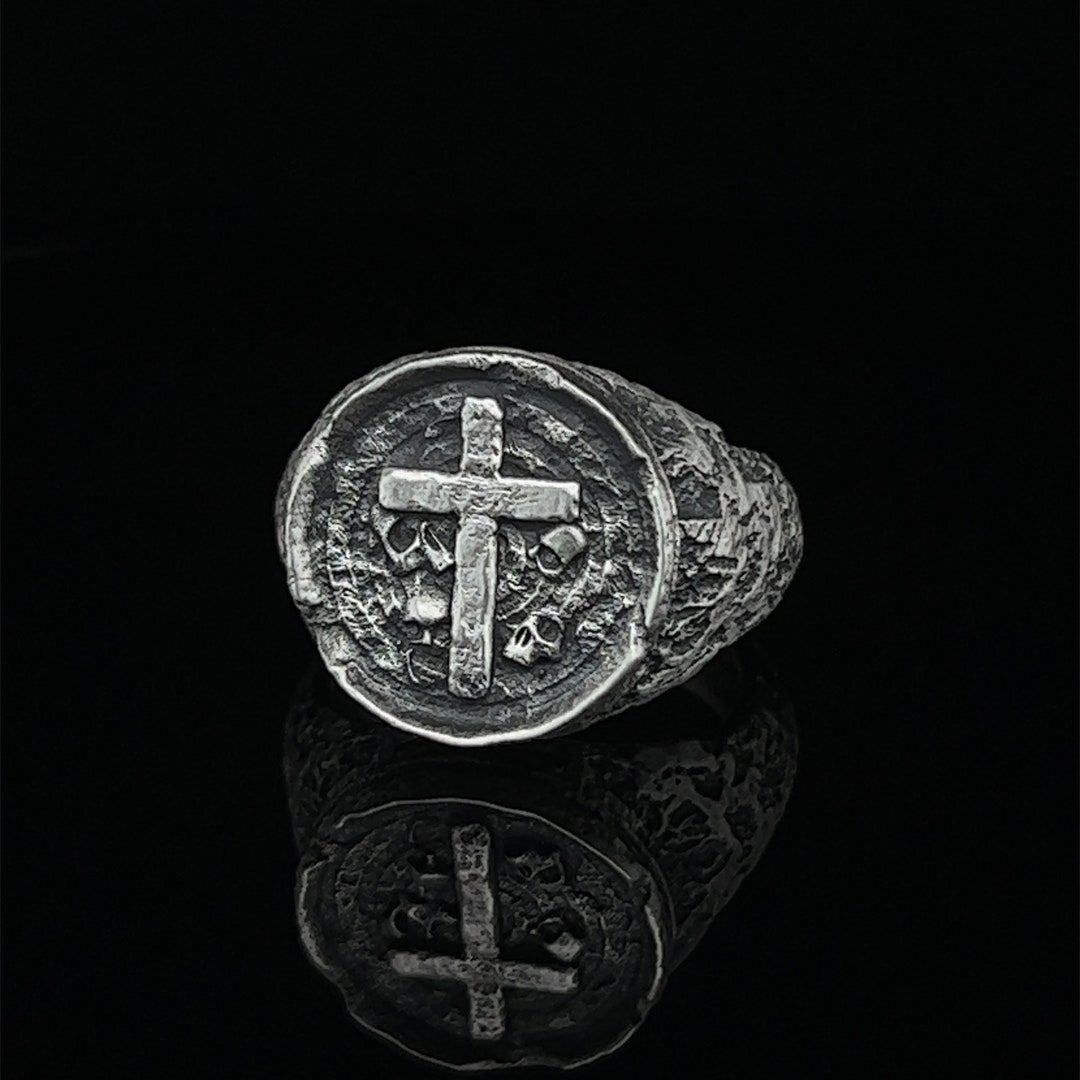 Sterling Silver Cross Ring, Religious Jewelry, Signet Cross and Skull ...