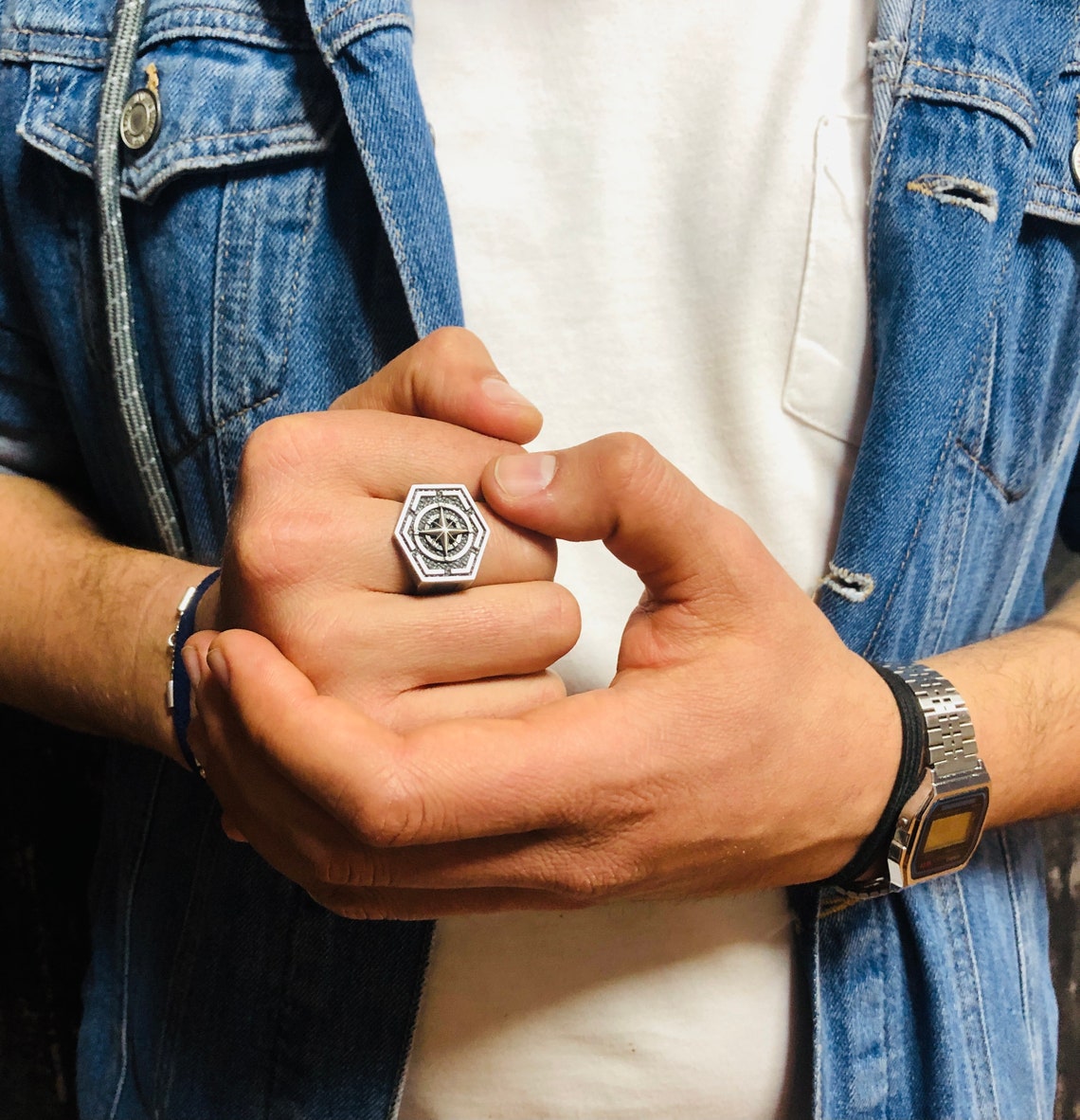 Black North Star Signet Ring Nautical Sterling Silver Ring - Etsy