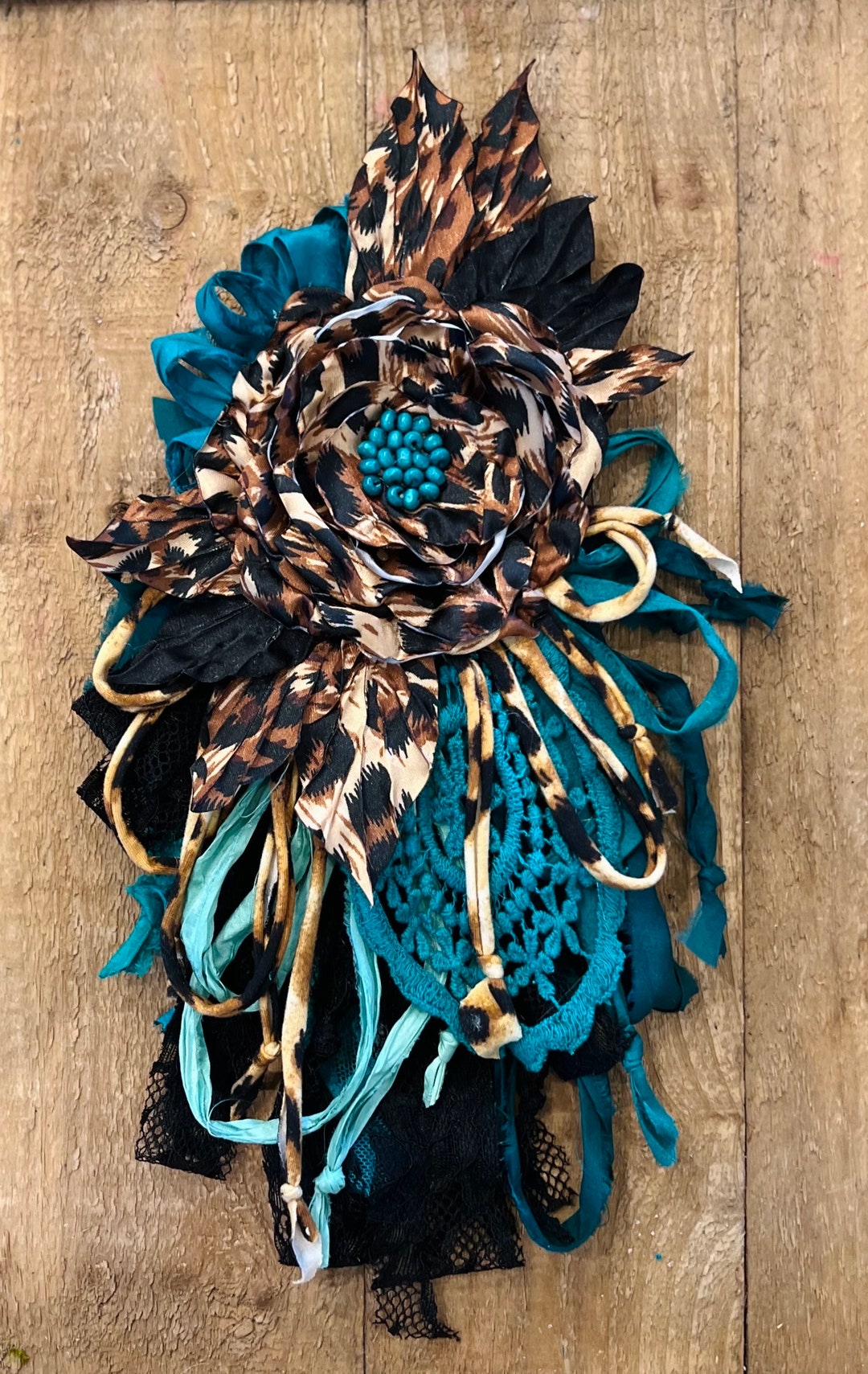 Teal and Leopard Upcycled Flower Pin Fabric Flower Corsage Pin - Etsy
