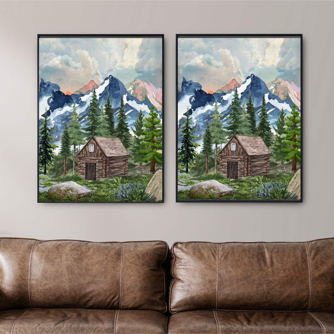 Mountain Landscape, Woods and Small Cabin, Landscape Art Print ...