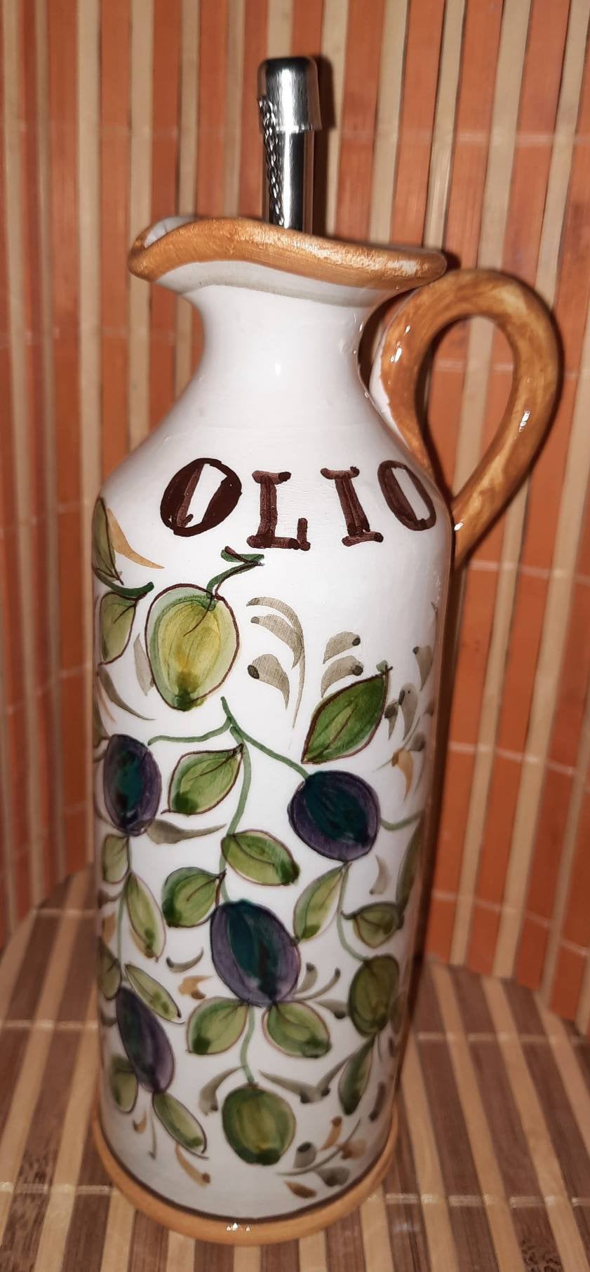 Olives Oil jar pottery hand made in Italy with steel dispenser ...