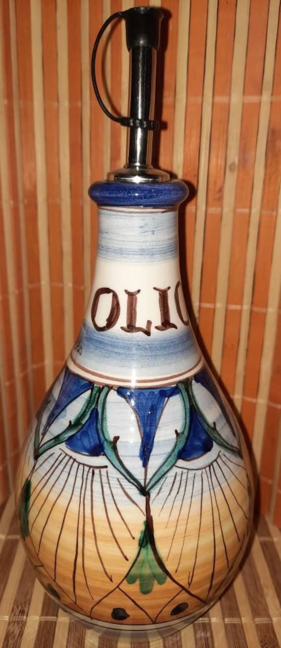 Olives Oil jar pottery hand made in Italy with steel dispenser | Etsy ...