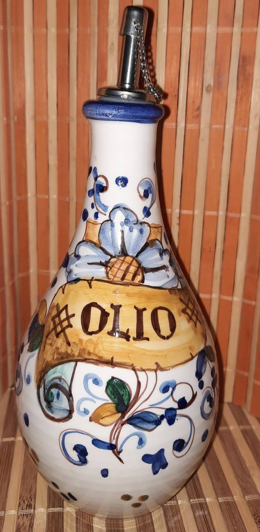 Olives Oil jar pottery hand made in Italy with steel dispenser ...