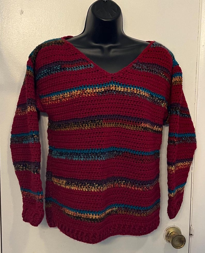 Handmade Crocheted V-neck Sweater: Red Multicolor Stripe - Etsy
