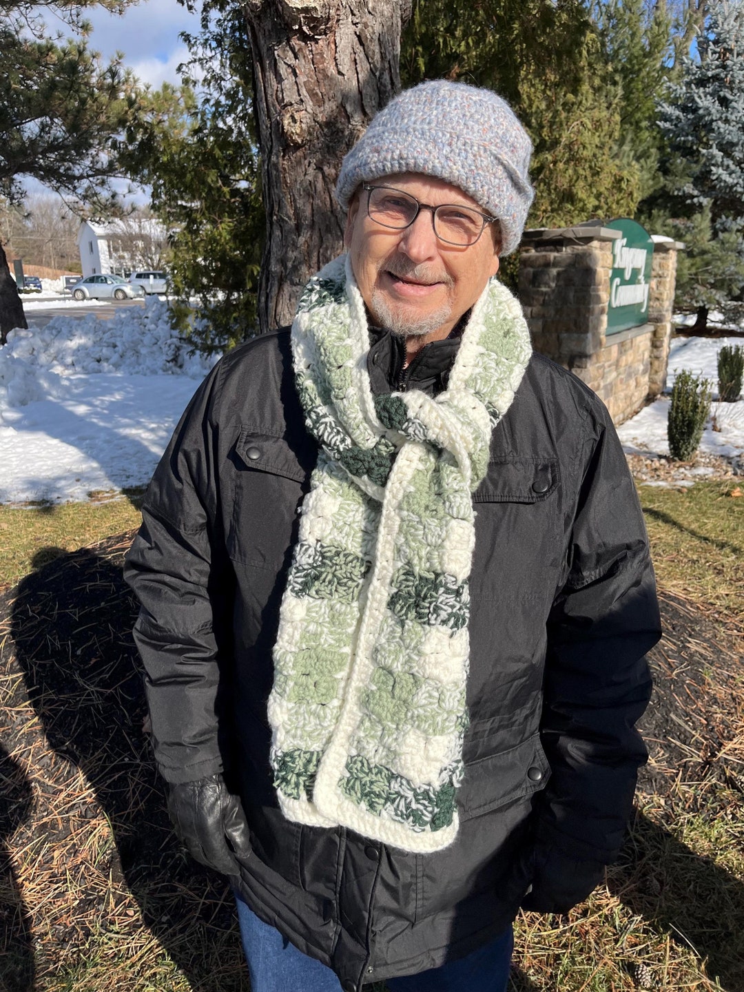 Handmade Crocheted Gingham Scarf: Sage Green Checkered Winter Scarf - Etsy